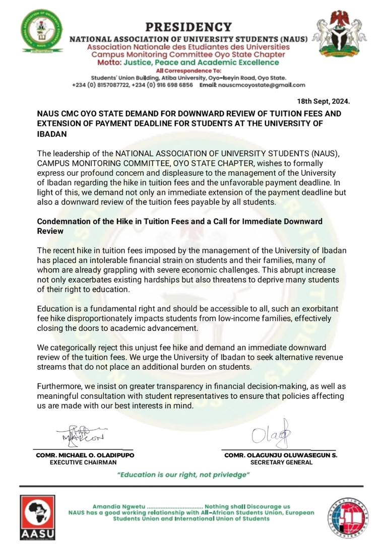 National Association of University Students, Oyo State Chapter, Demand ...